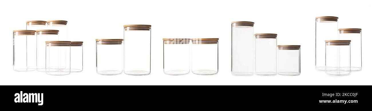 Collection of empty jars on white background Stock Photo - Alamy