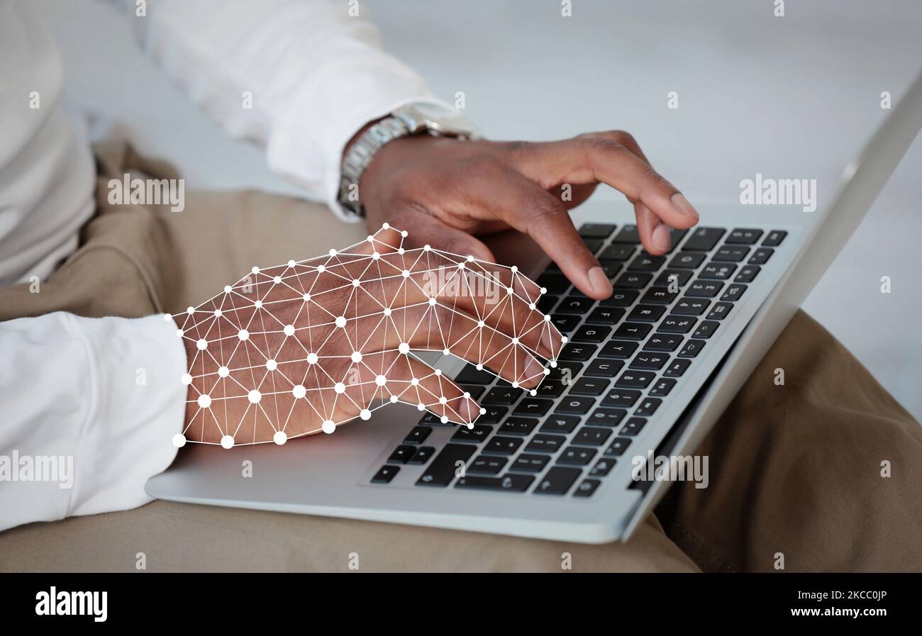 African-American man working on laptop, closeup. Concept of robotic ...
