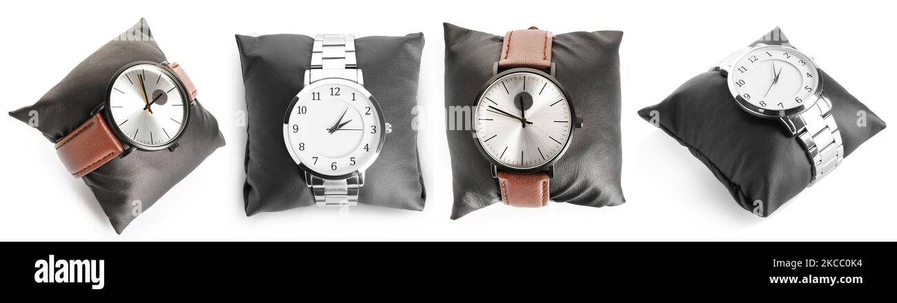 Collage of stylish male wrist watches on white background Stock Photo ...