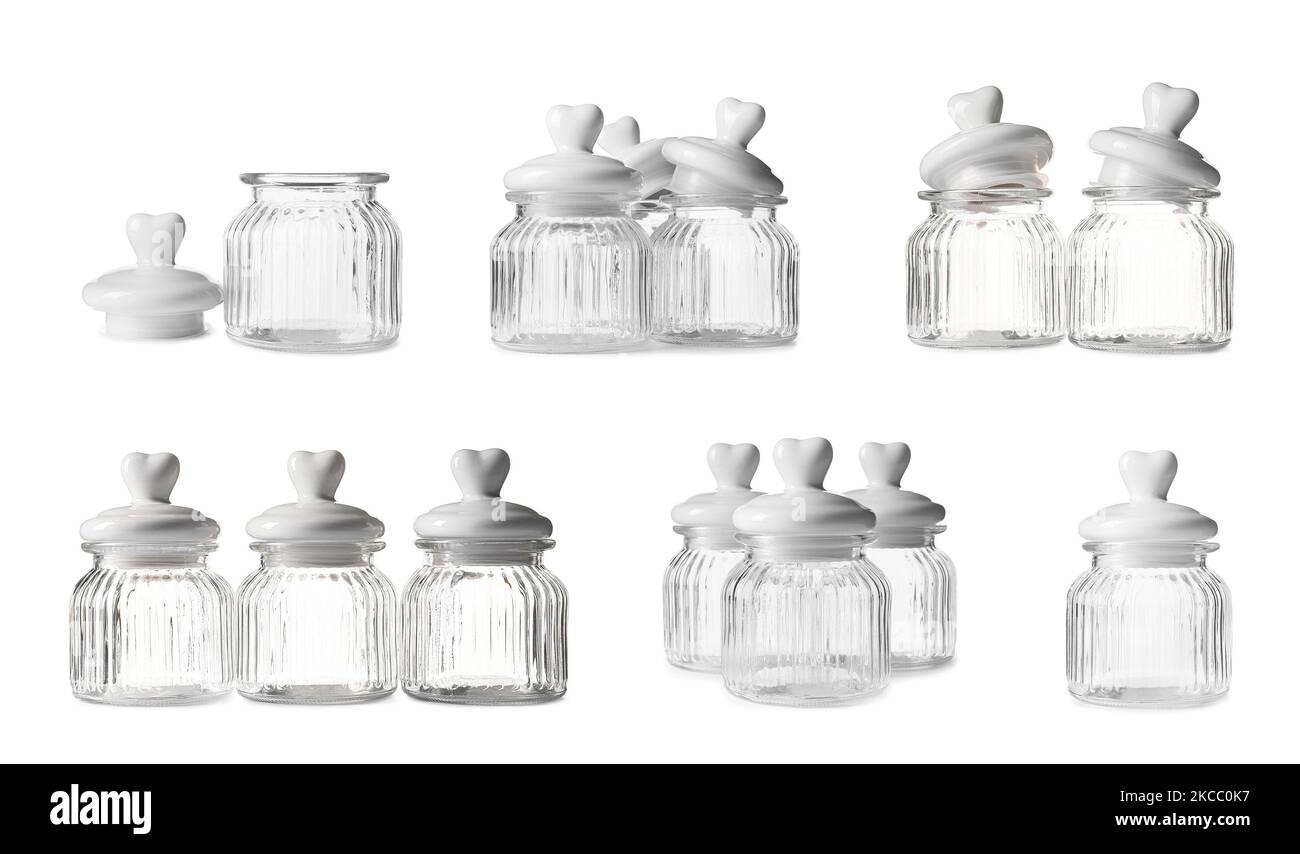 Set of empty jars on white background Stock Photo - Alamy
