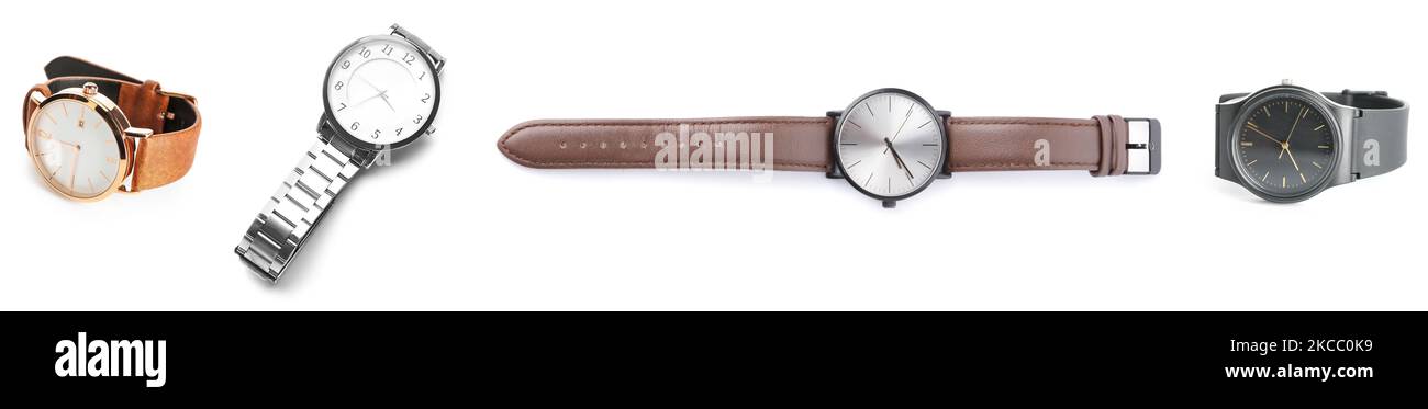Set of stylish male wrist watches on white background Stock Photo - Alamy