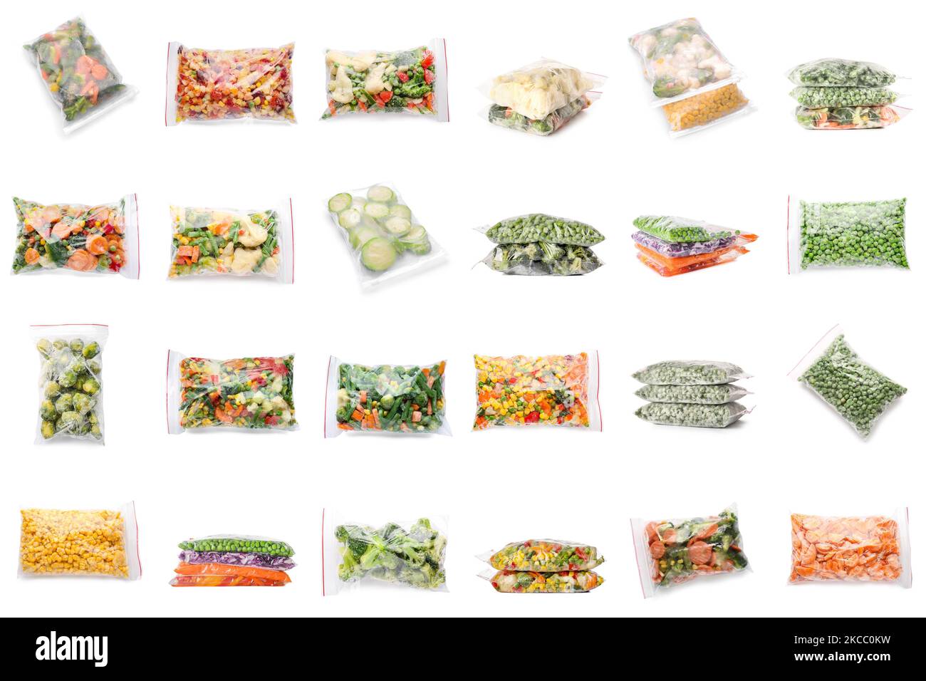 Collage of plastic bags with frozen fresh vegetables on white ...