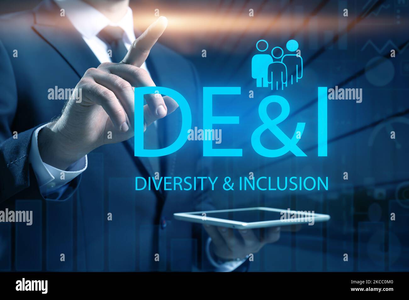 Businessman with tablet PC using virtual screen with abbreviation DE ...