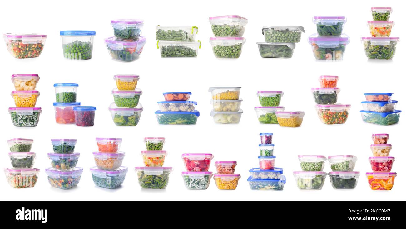 Collage of plastic containers with fresh vegetables on white background ...