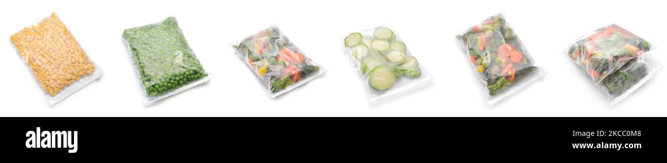 Collage of plastic bags with frozen vegetables on white background ...