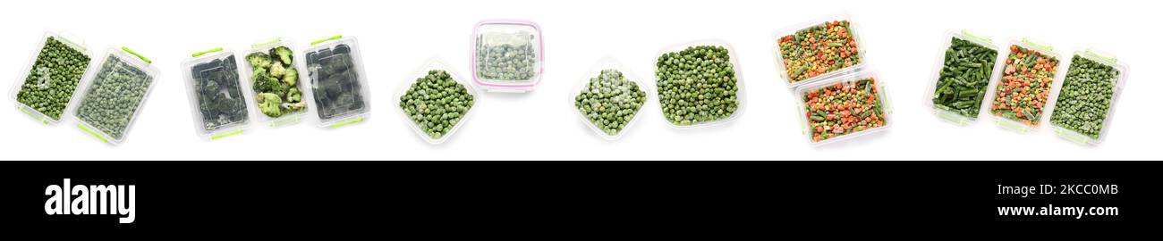 Collage of plastic containers with fresh vegetables on white background ...