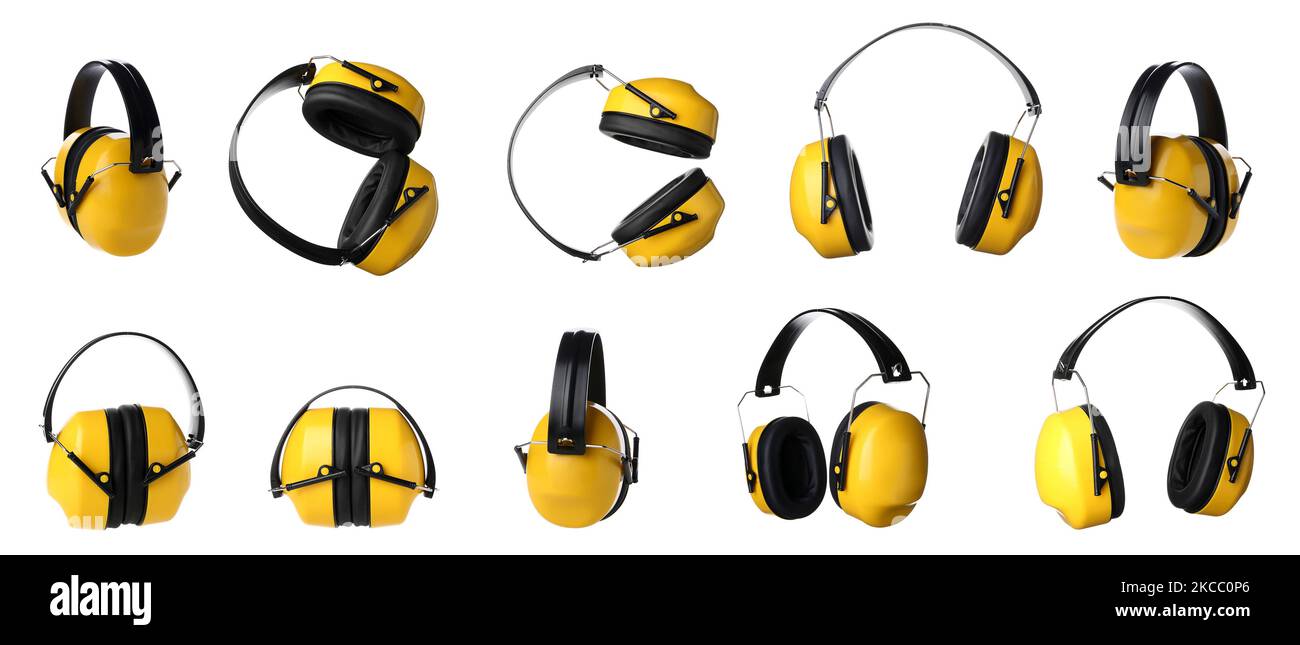 Group of yellow hearing protectors on white background Stock Photo - Alamy