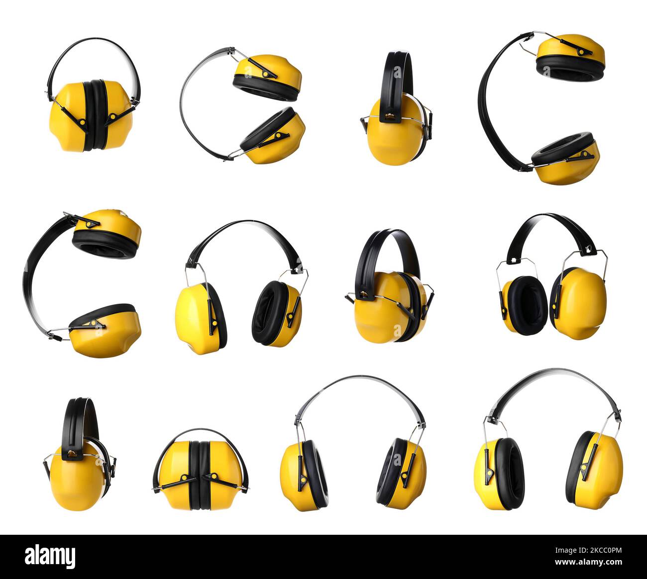 Collection of yellow hearing protectors on white background Stock Photo ...
