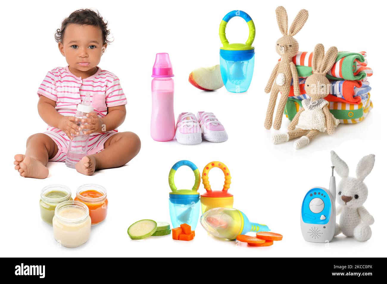 Collage of cute African-American baby with set of items on white background Stock Photo - Alamy