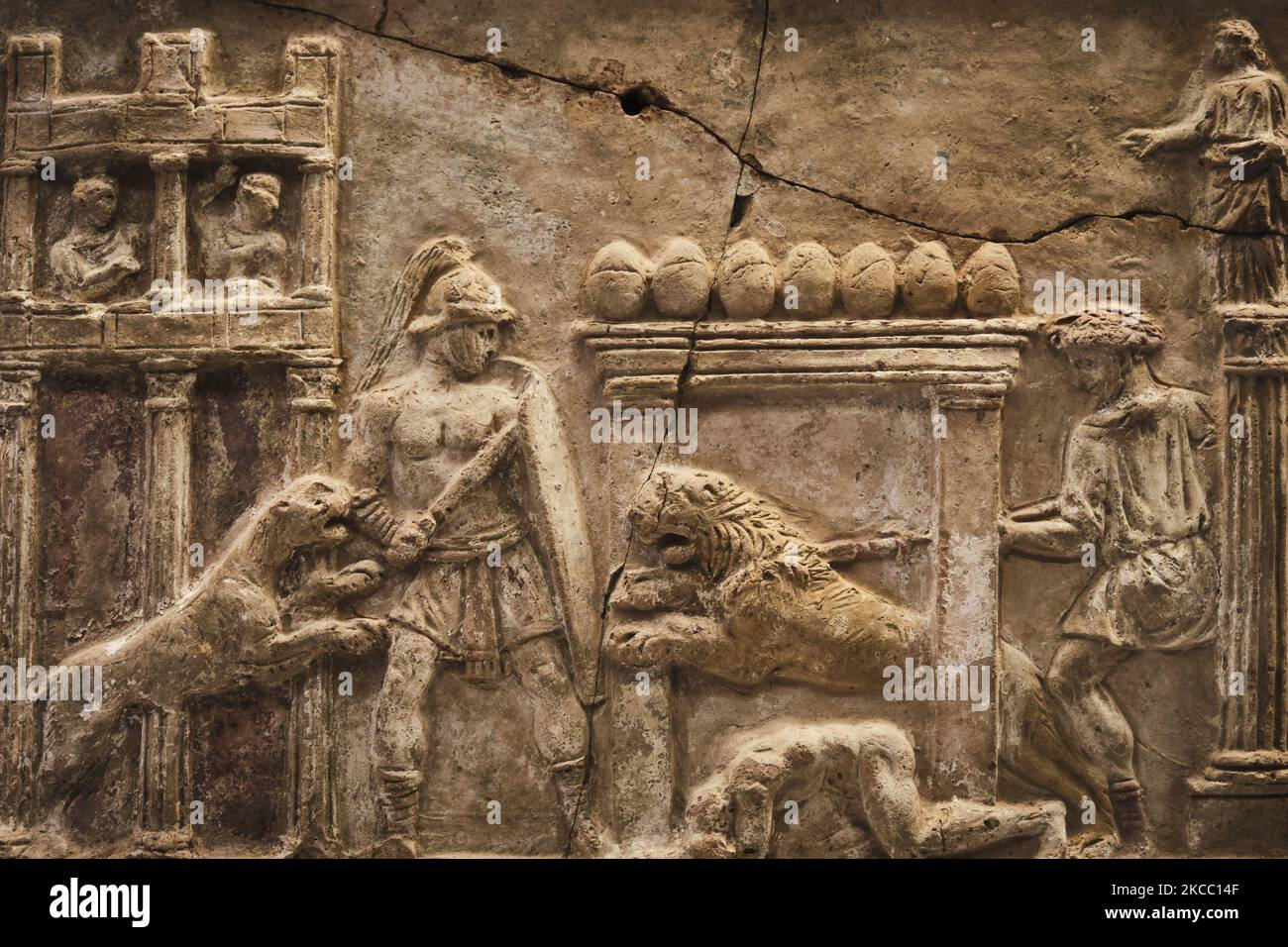 A detail of a stone depicting a gladiator in combat, at the exhibition ...