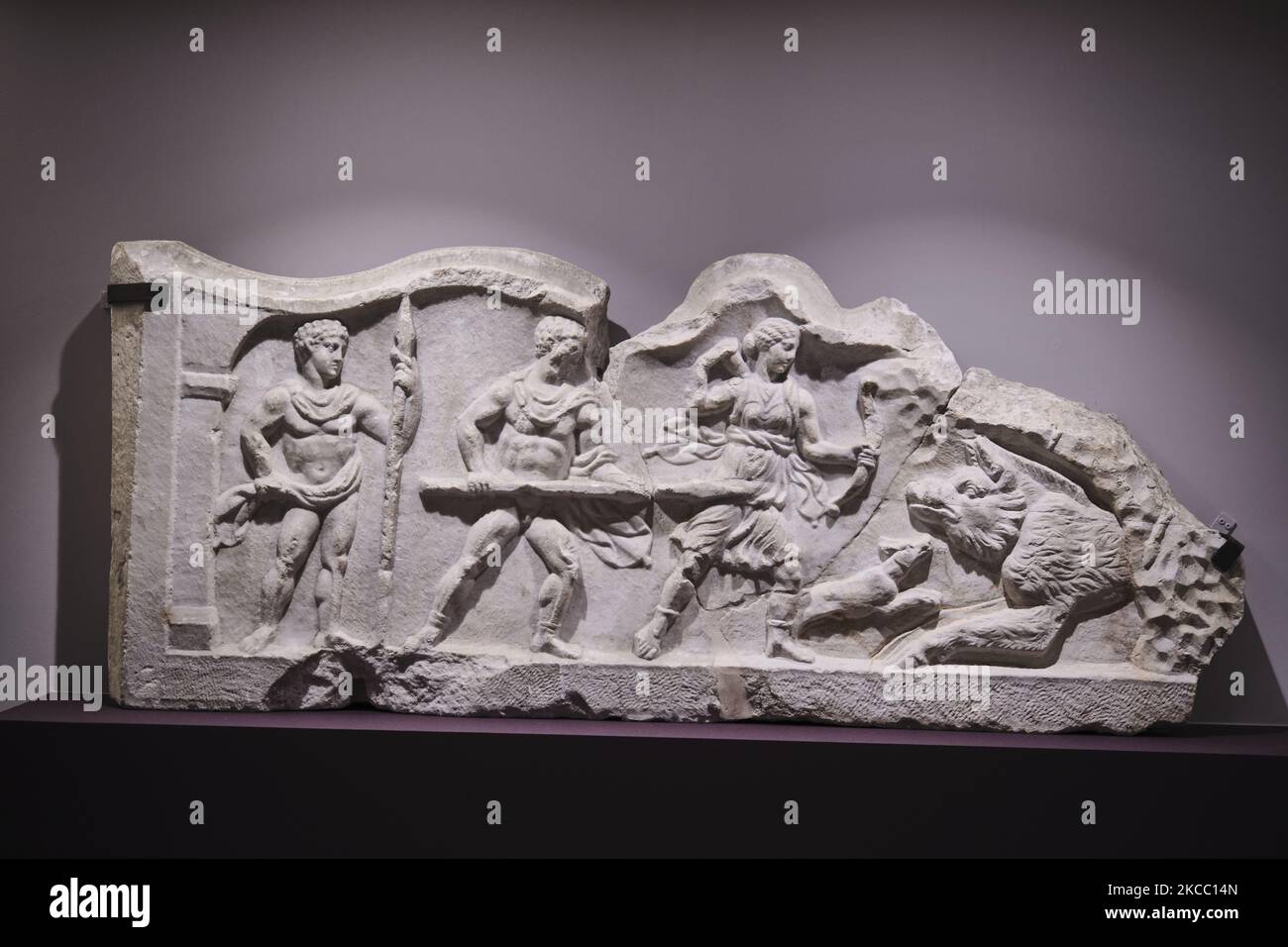 A detail of a stone depicting a gladiator in combat, at the exhibition ...