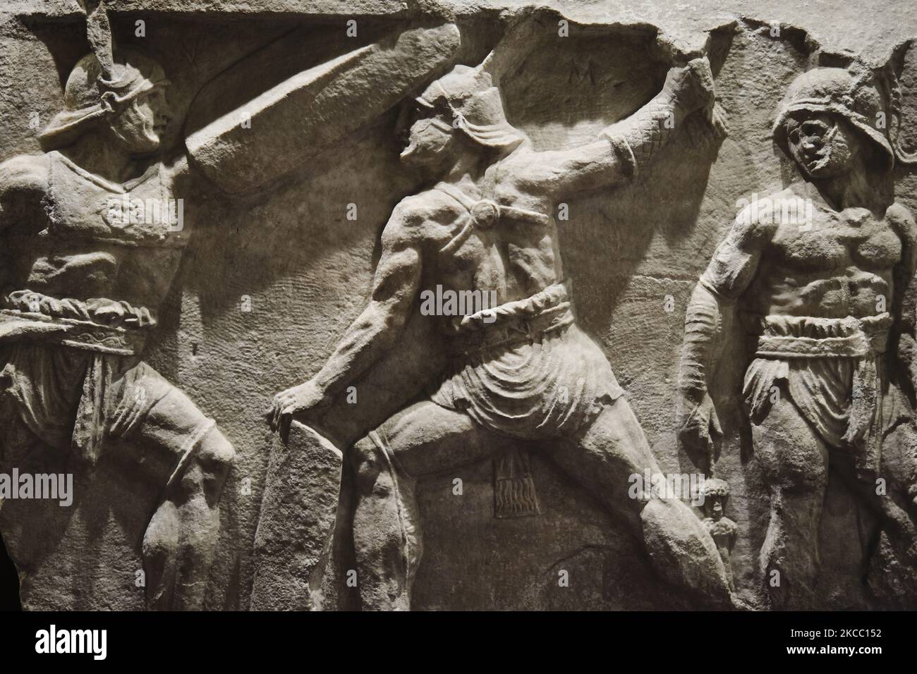 A detail of a stone depicting a gladiator in combat, at the exhibition ...