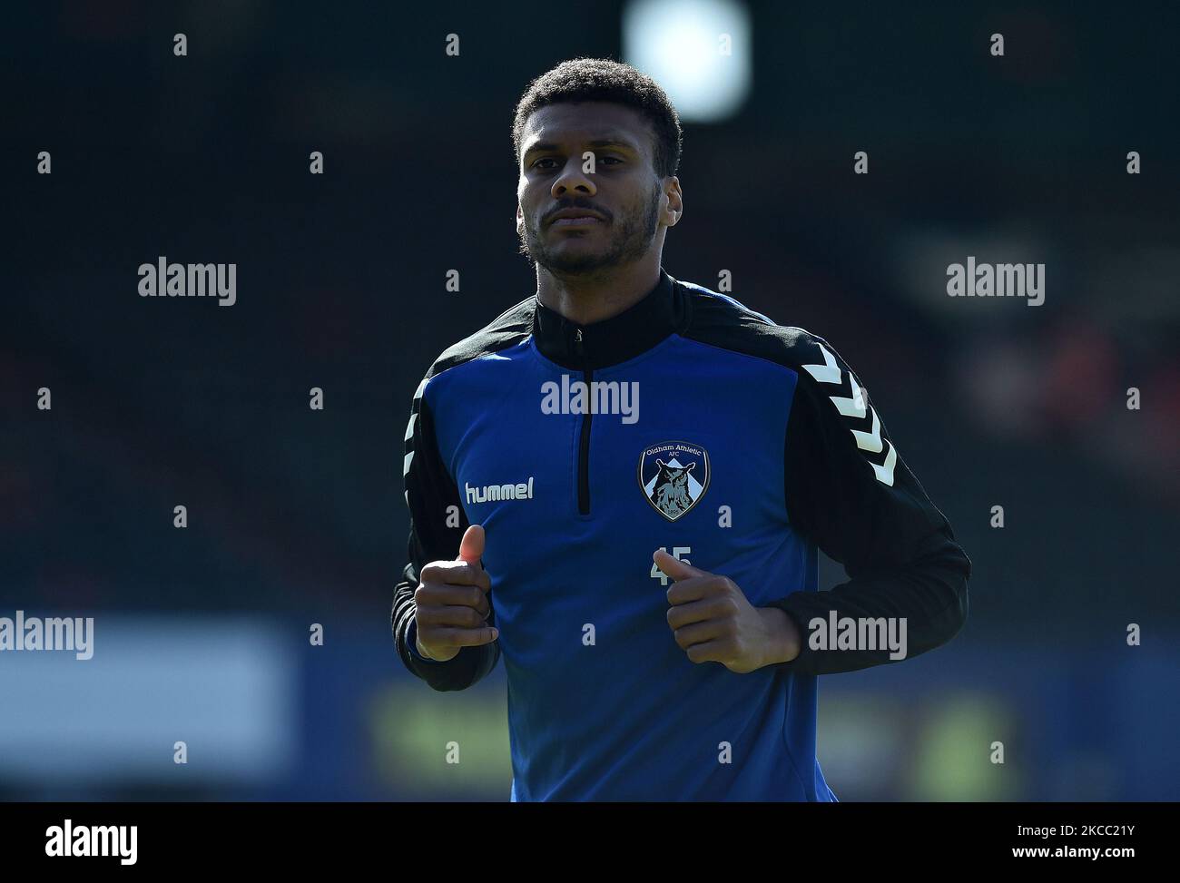 Oldham Athletic's Kyle Jameson warming up before the Sky Bet League 2 ...