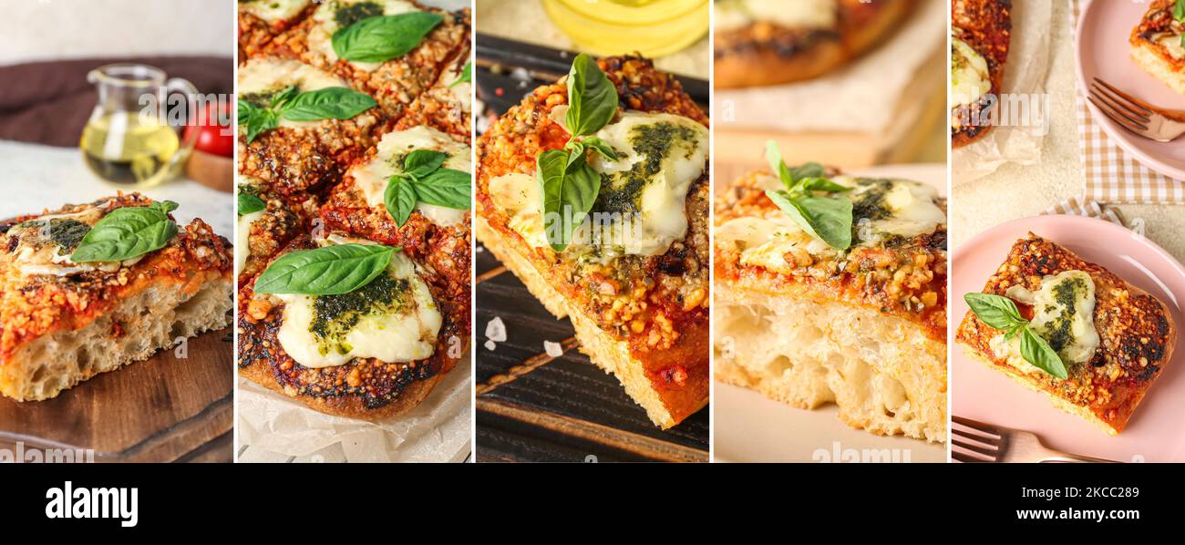 Collage of fresh Italian pie on table, closeup Stock Photo - Alamy