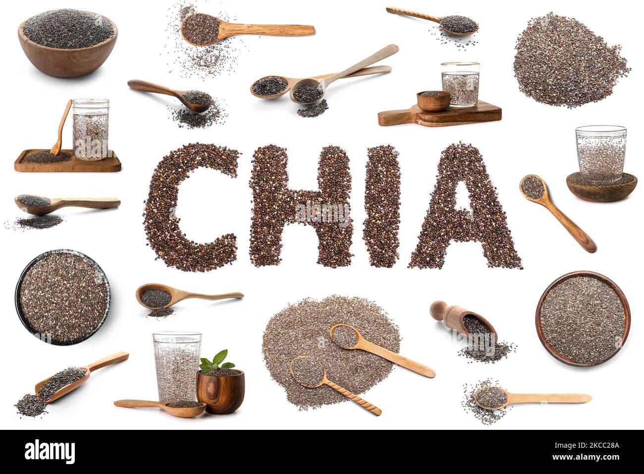 Collage of healthy chia seeds on white background Stock Photo - Alamy