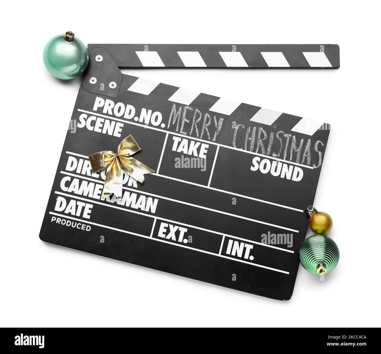 Movie clapper with Christmas balls and bow on white background Stock ...