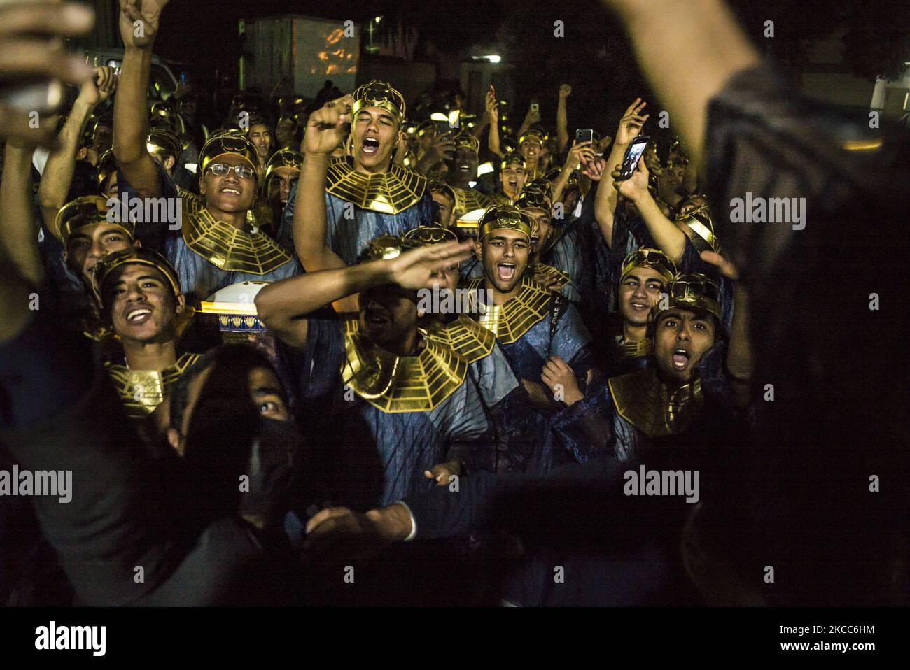 Members of the ''Pharaohs’ Golden Parade'' show celebrate just after ...