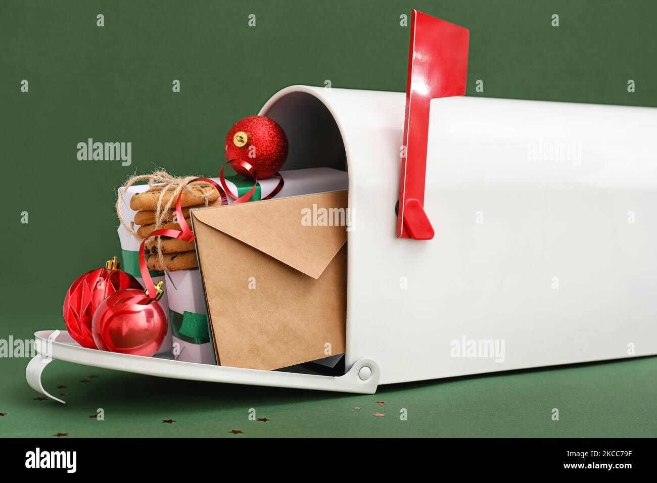 Mailbox with letters to Santa, presents, cookies and Christmas balls on ...