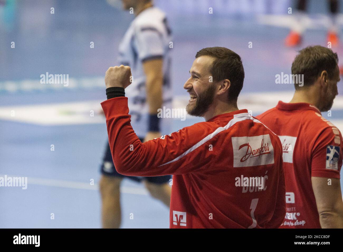 Goalkeeper BENJAMIN BURI? of Flensburg reacts during the LIQUI MOLY ...