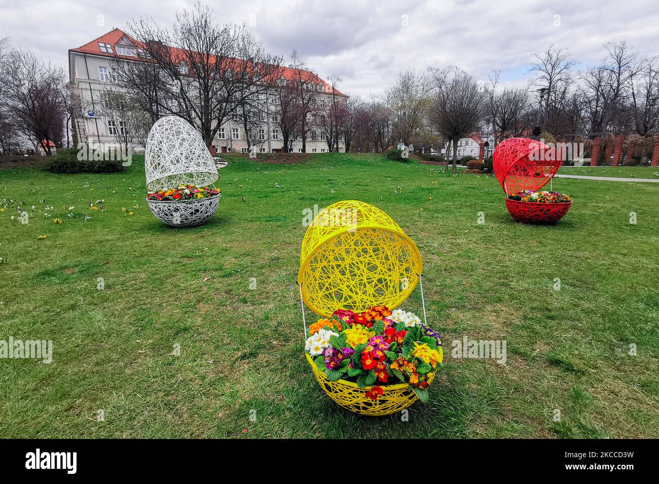 Easter eggs decorations with spring flowers are seen at Doncaster ...