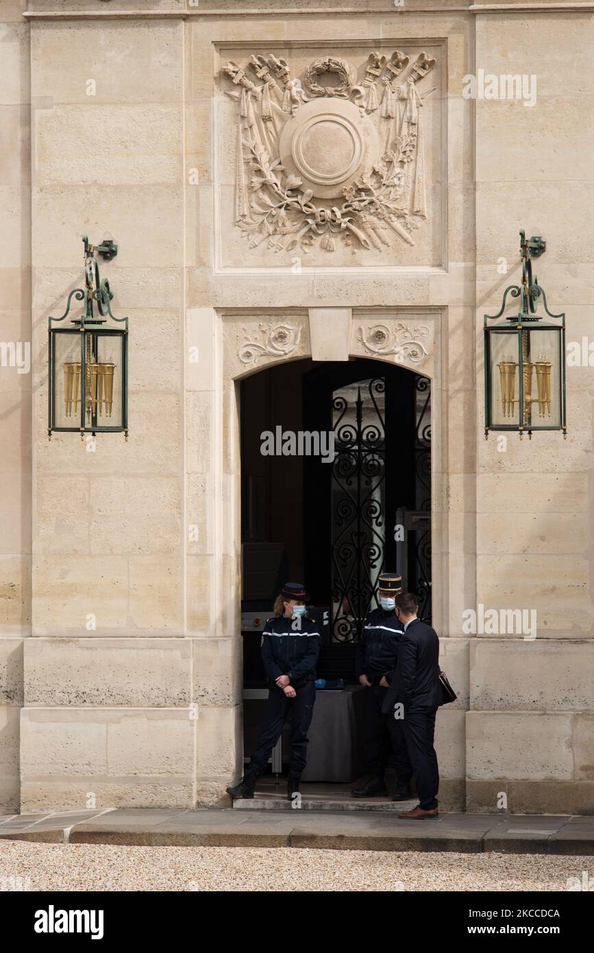 Gendarmerie officers at the checkpoint at the entrance to the court of ...