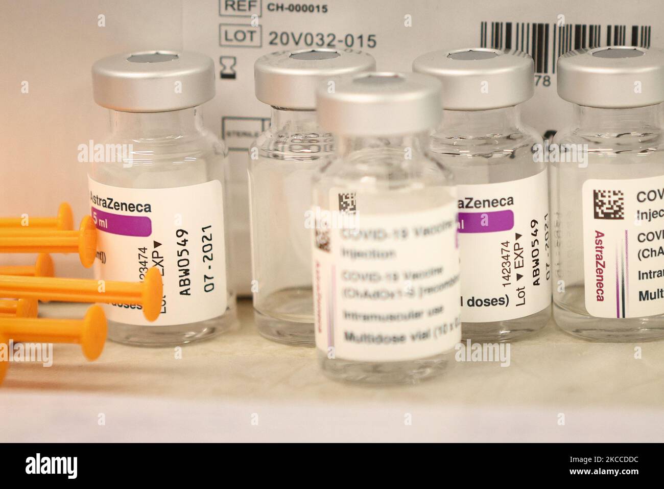 Vials of AstraZeneca COVID-19 vaccine are seen at the Military ...