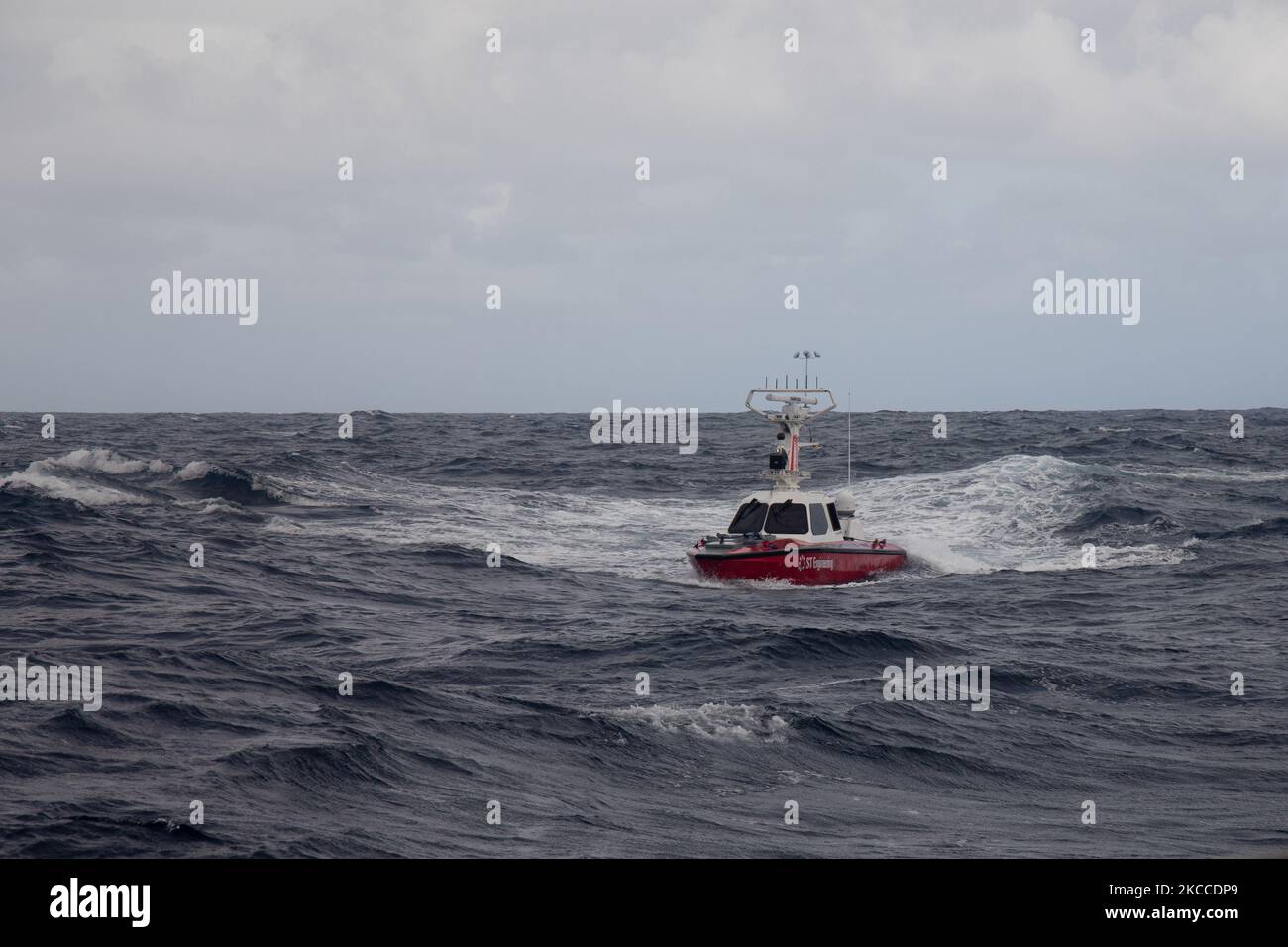 An ST Engineering vessel equipped with the AUTONOMAST system, conducts ...