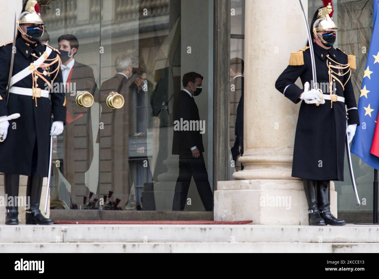 French President Emmanuel Macron inside the Elysee Palace awaiting the ...