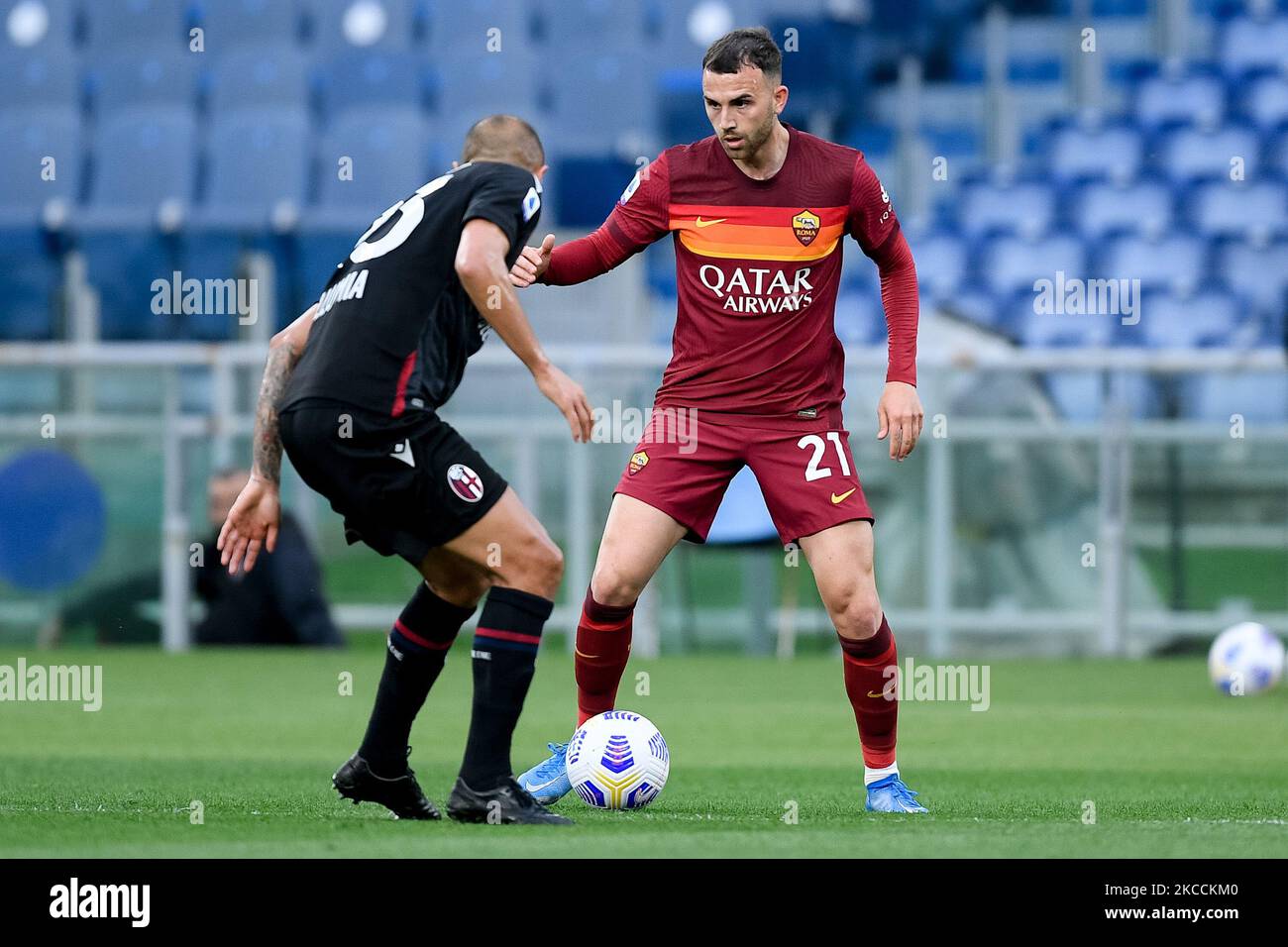 Borja Mayoral of AS Roma and Danilo of Bologna FC compete for the ball during the Serie A match ...