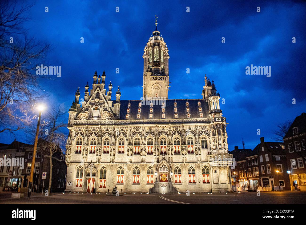 Illuminated iconic Middelburg Town Hall, one of the main monument ...