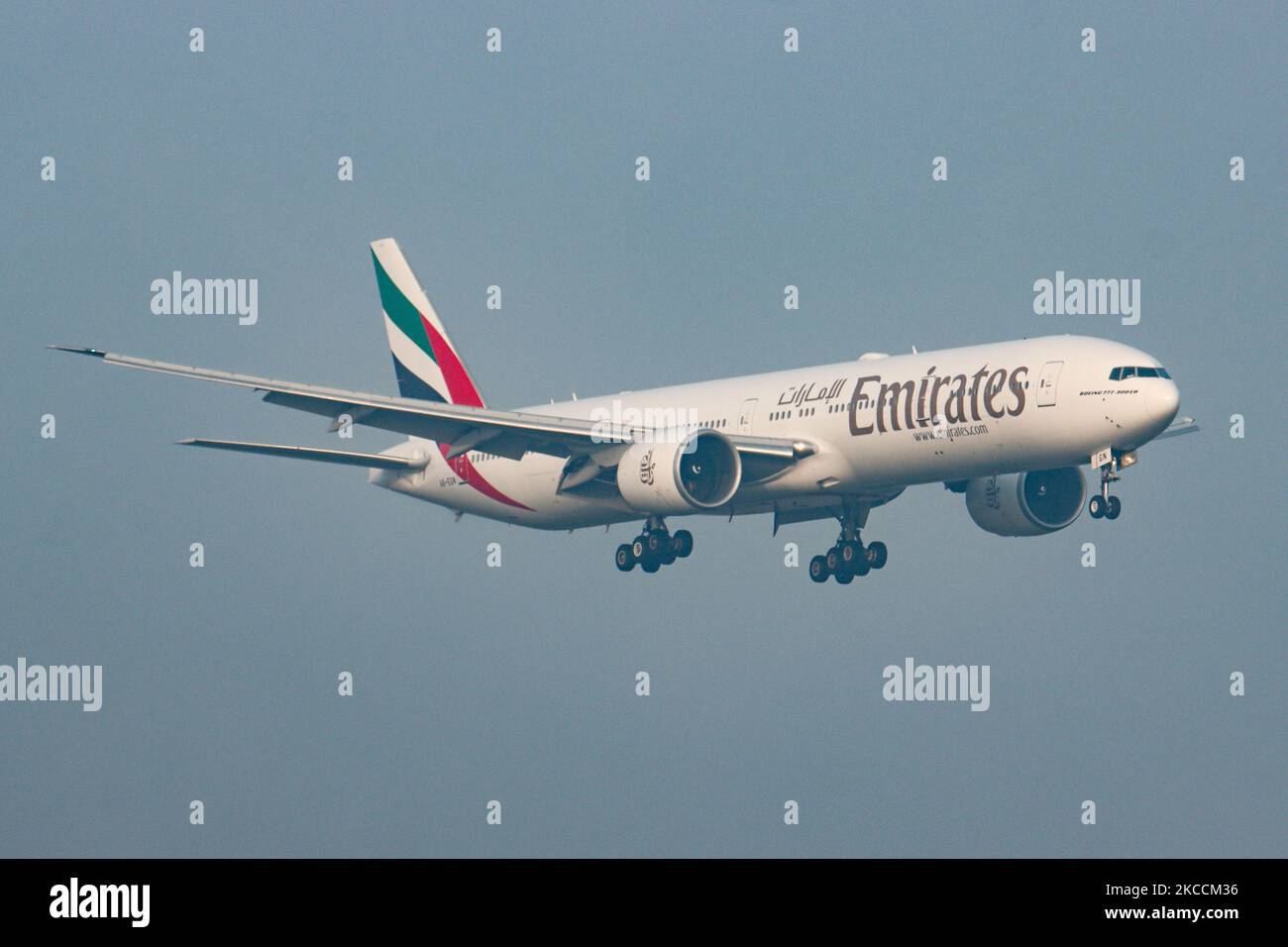 Emirates Boeing 777-300ER aircraft as seen early morning flying on ...