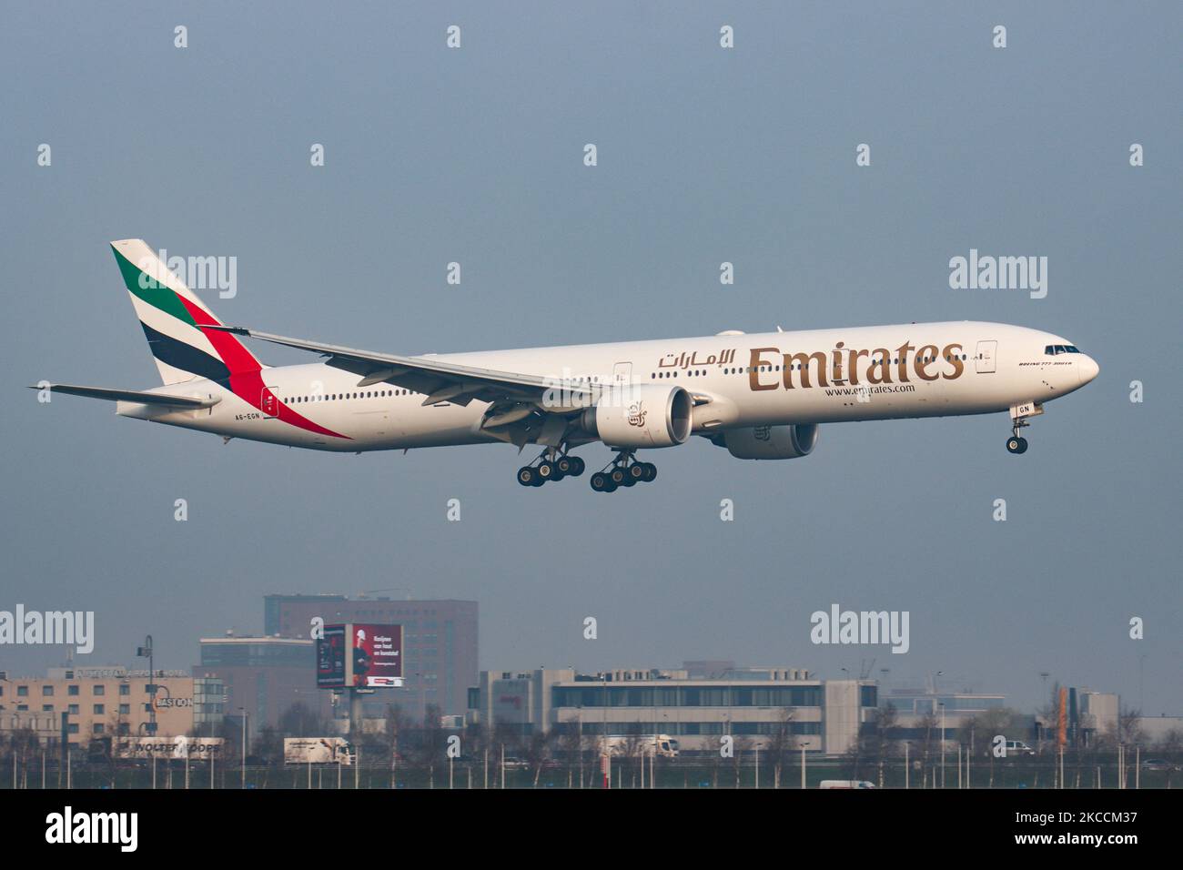 Emirates Boeing 777-300ER aircraft as seen early morning flying on ...