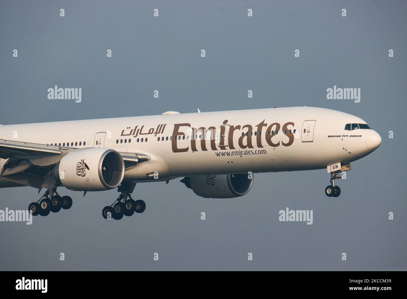 Emirates Boeing 777-300ER aircraft as seen early morning flying on ...