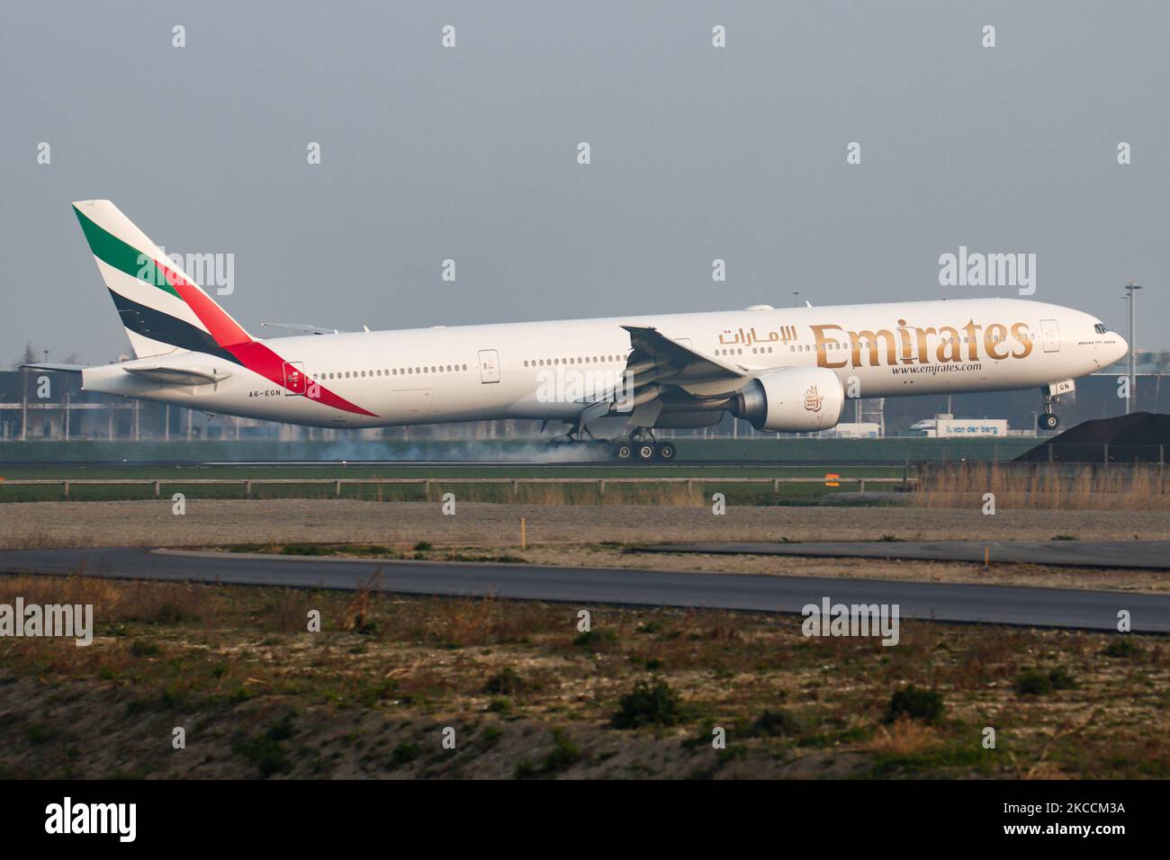 Emirates Boeing 777-300ER aircraft as seen early morning flying on ...