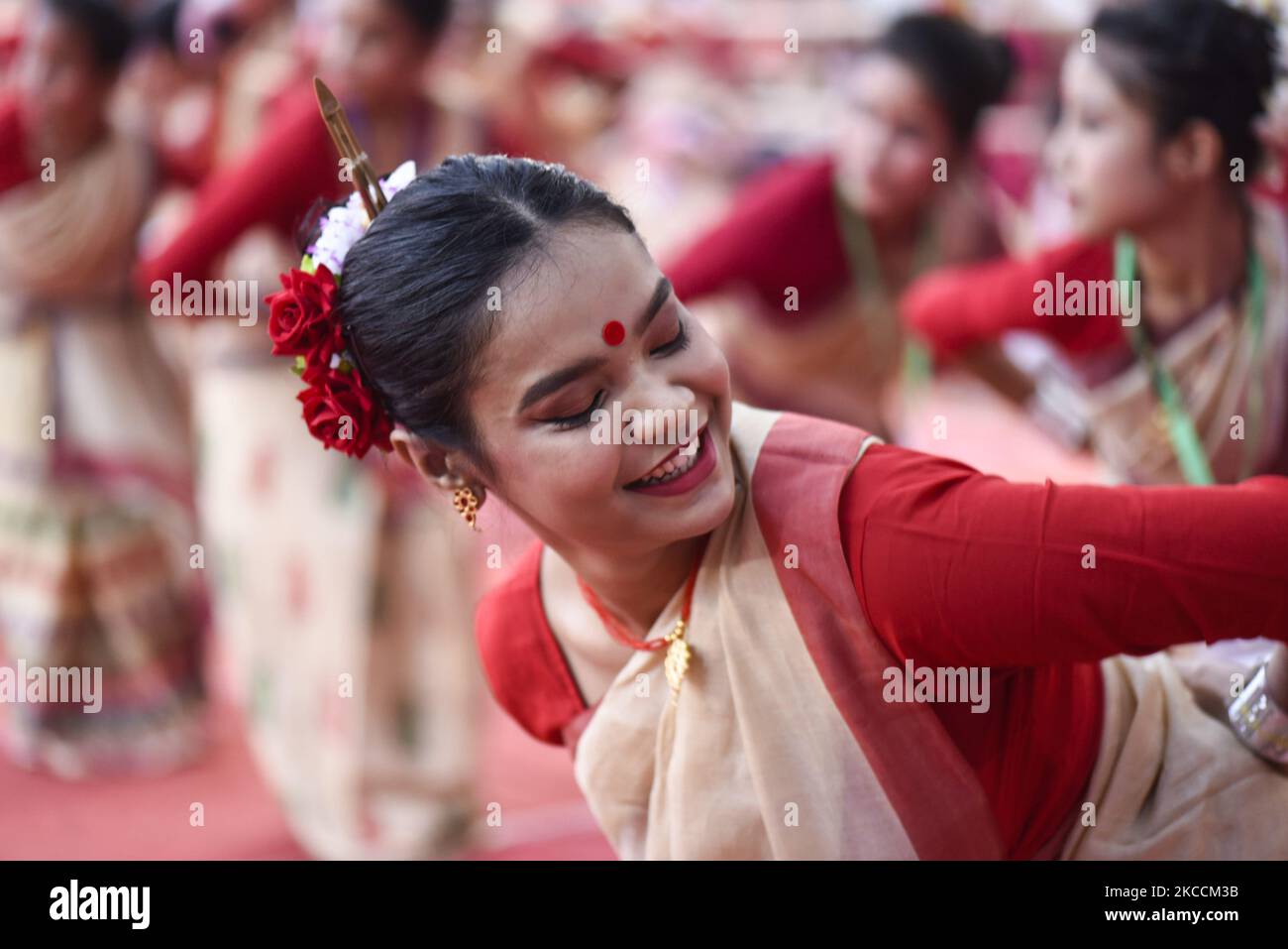 A young girl dancing Assamese traditional Bihu at an event ahead of ...