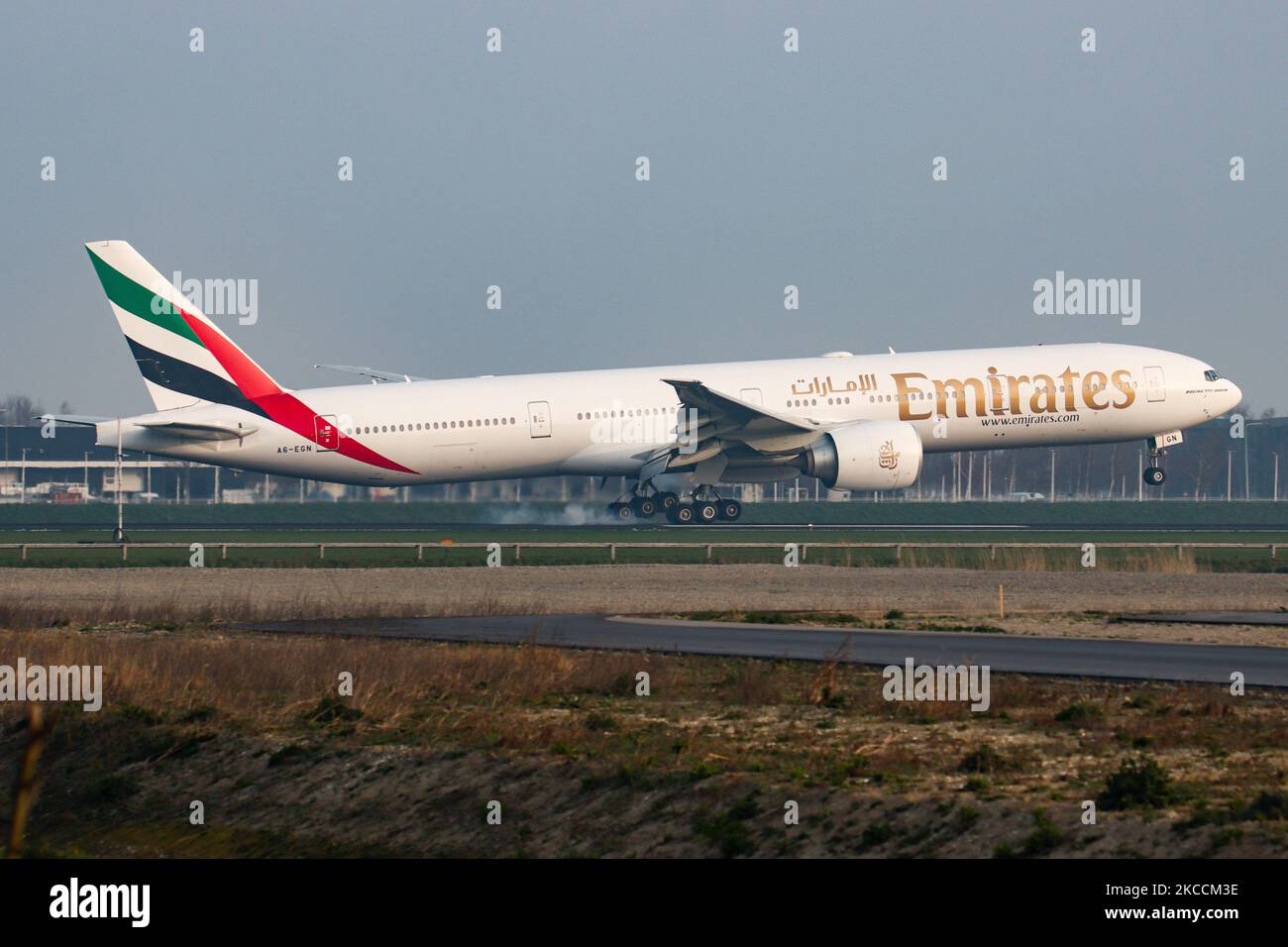 Emirates Boeing 777-300ER aircraft as seen early morning flying on ...
