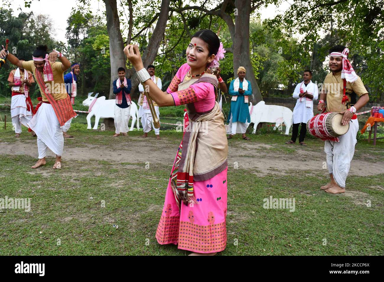 Assamese girls in traditional attire perform Bihu dance to celebrate ...