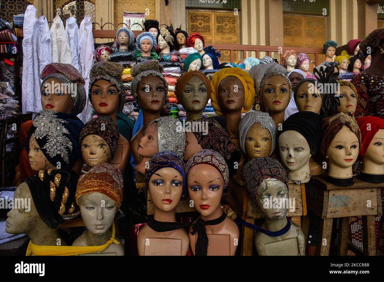 Different turban on display for sales at the entrance of the Lagos ...