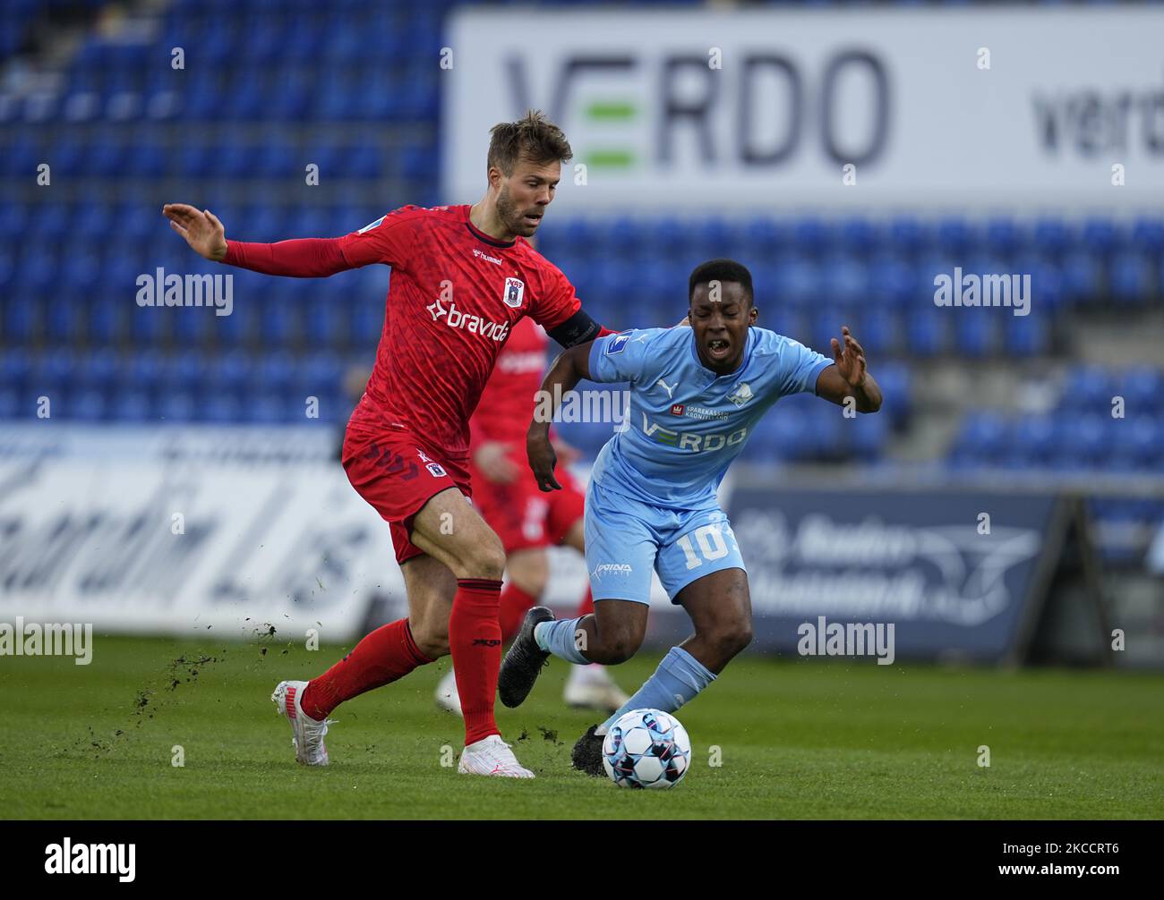 Patrick Mortensen of Aarhus GF and Tosin Kehinde of Randers FC during ...