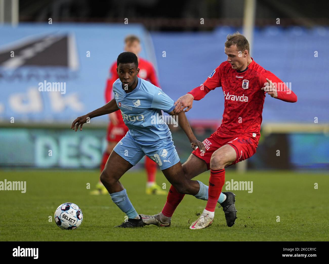 Tosin Kehinde of Randers FC and Benjamin Hvidt of Aarhus GF during the ...