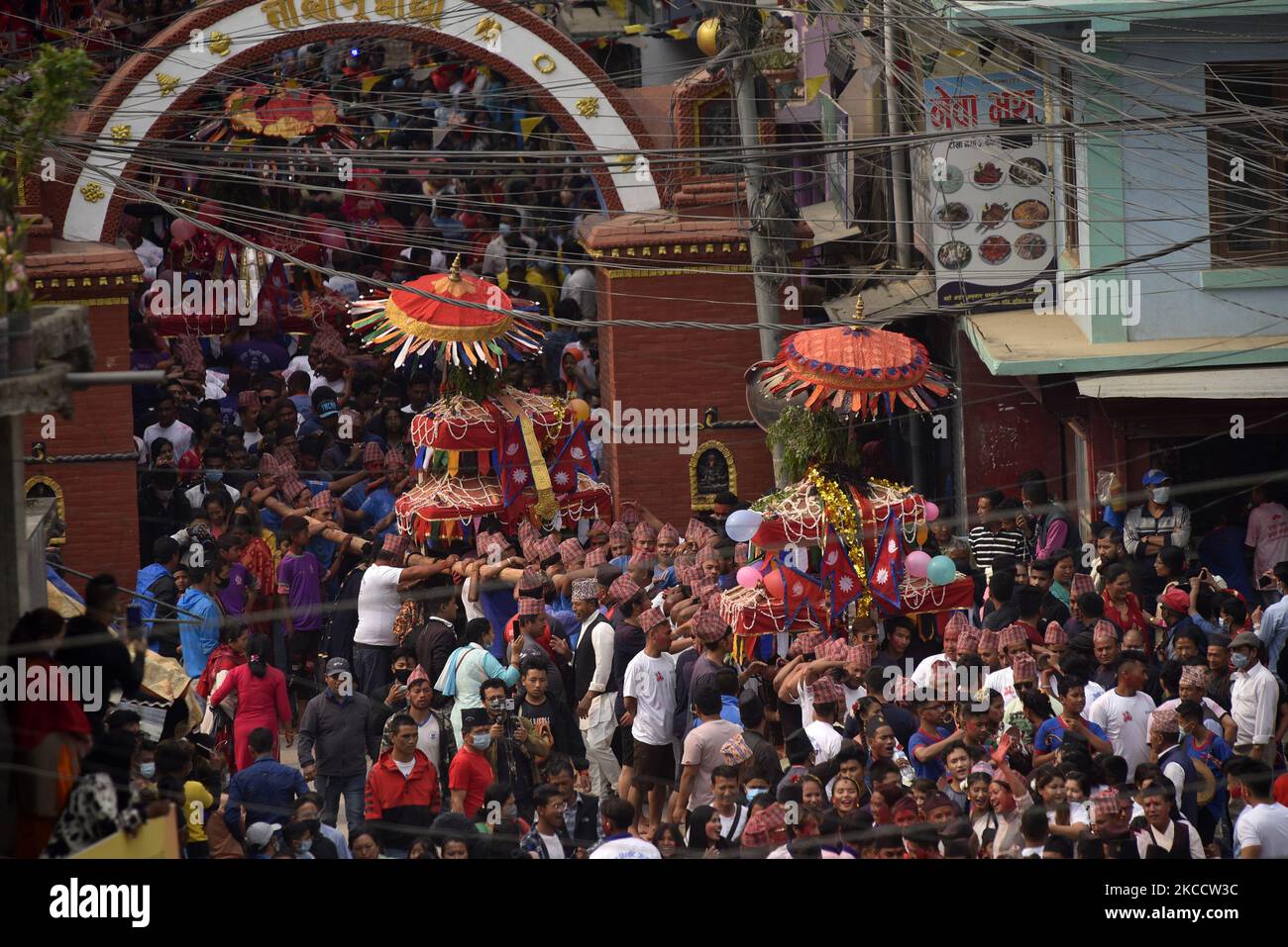 Nepalese devotees carrying the chariot during the celebration of Biska ...