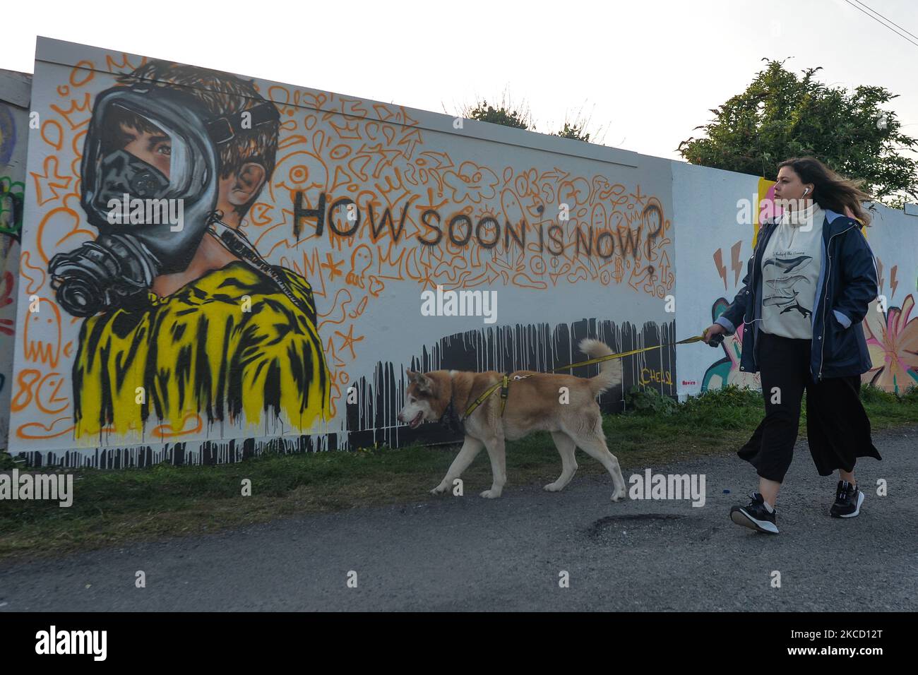 A woman walks her dog in front of a new mural by CHELS (Chelsea Jacobs ...