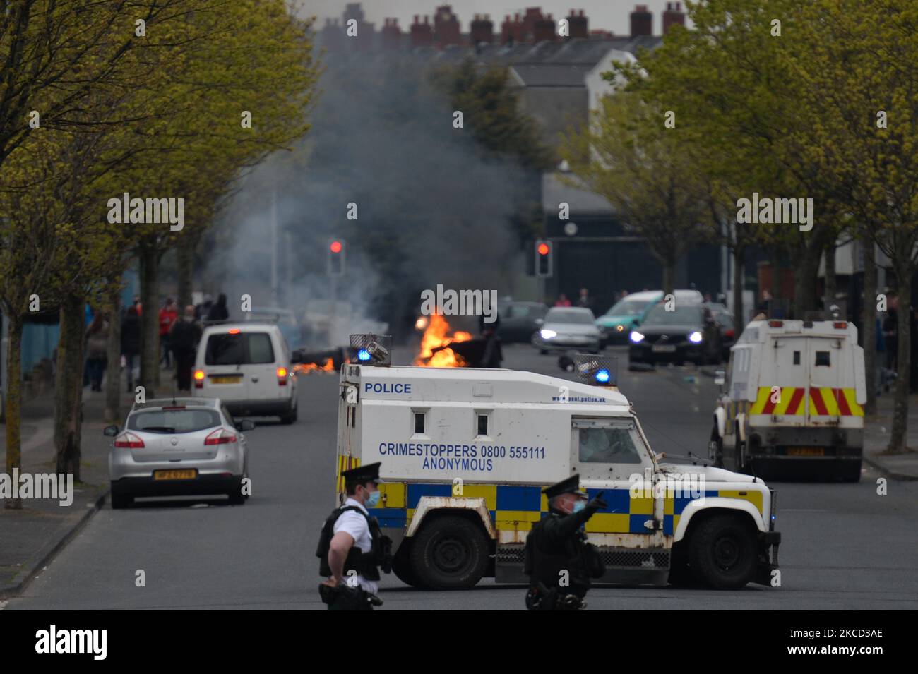 Loyalists burn bins and furniture during a protest on Lanark Way, near ...