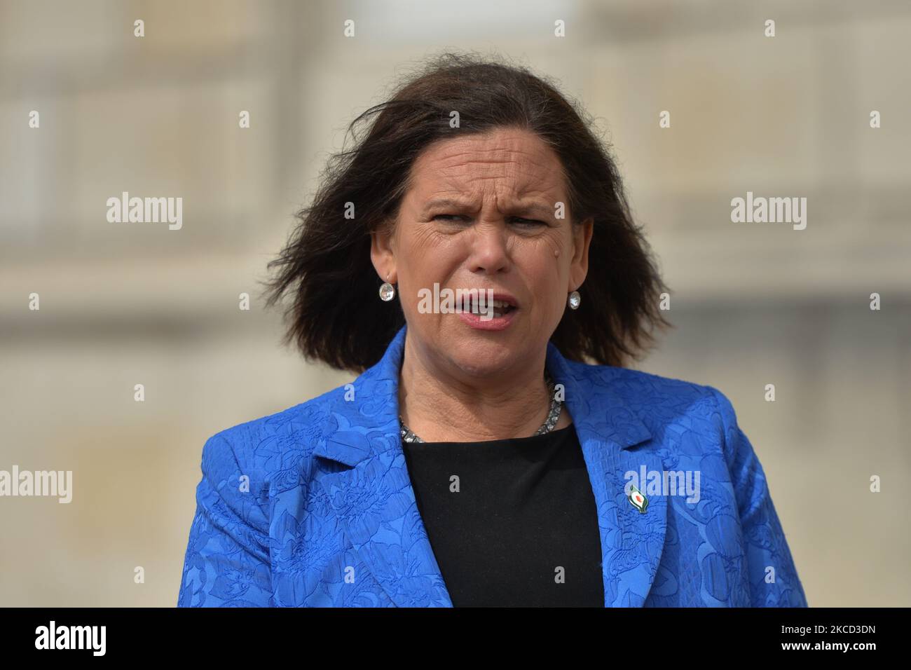 Sinn Fein leader Mary Lou McDonald seen outside Stormont in Belfast ...