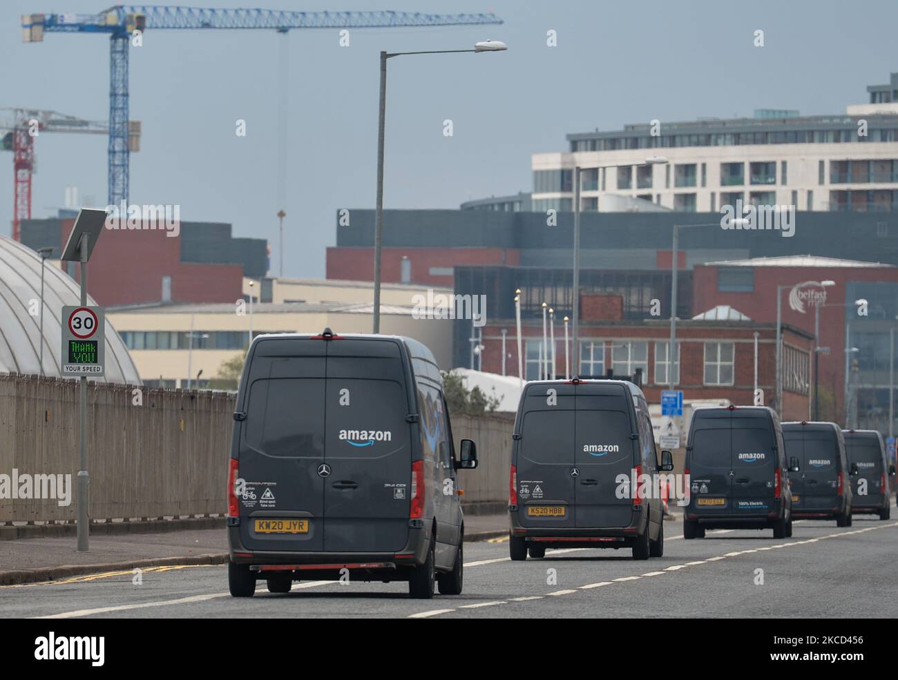 A line of Amazon Prime vans seen in the Titanic Quarter in Belfast ...
