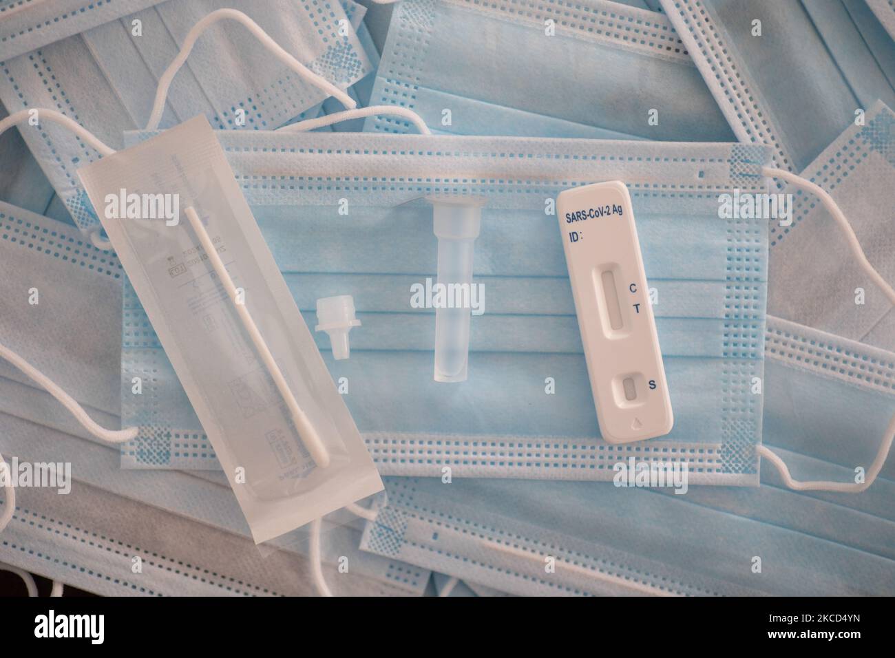 Covid-19 Rapid test as seen on medical facemasks. SARS-COV-2 Antigen ...