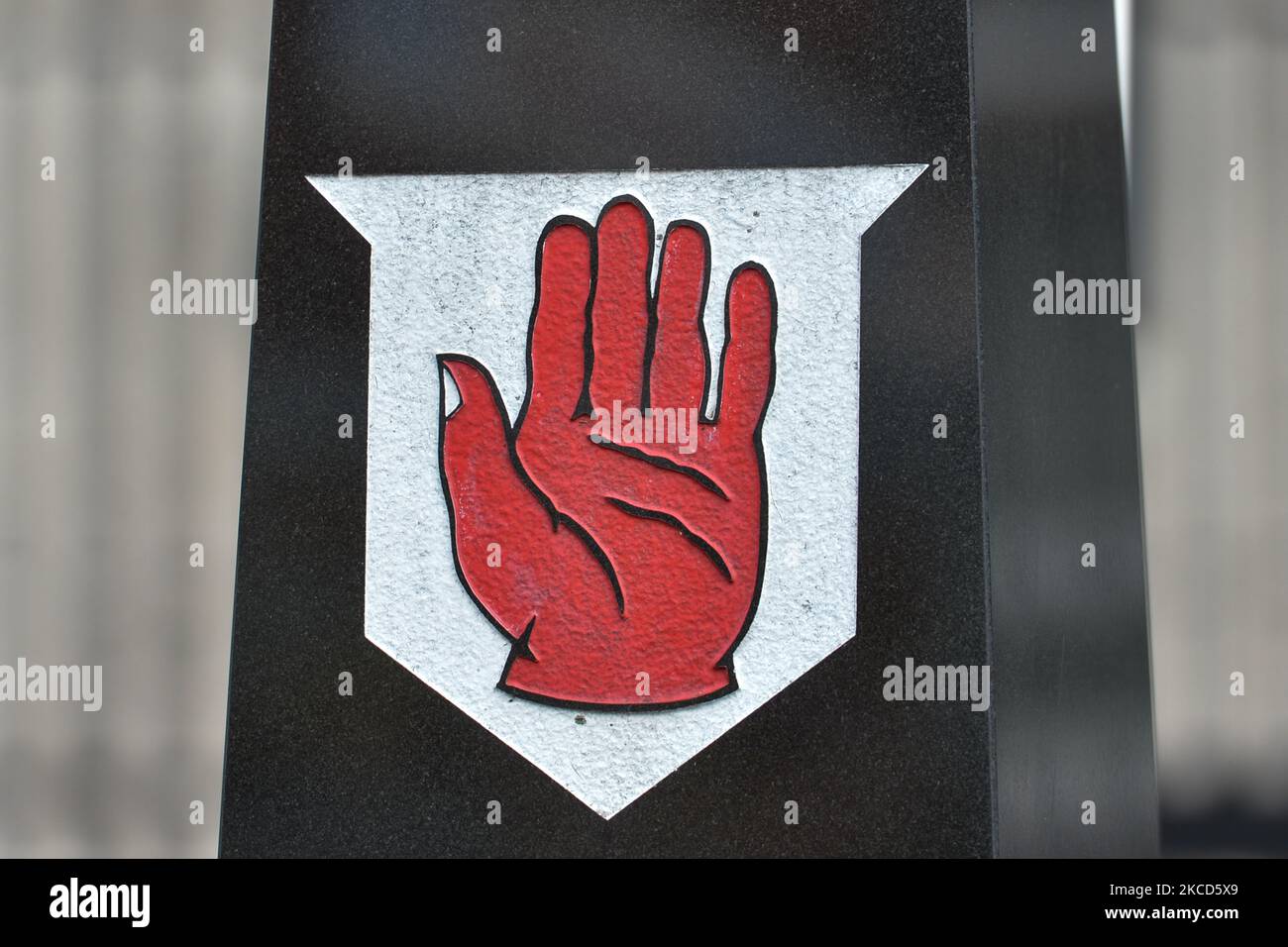 The Red Hand of Ulster seen on a memorial on Shankill Road, in Belfast ...