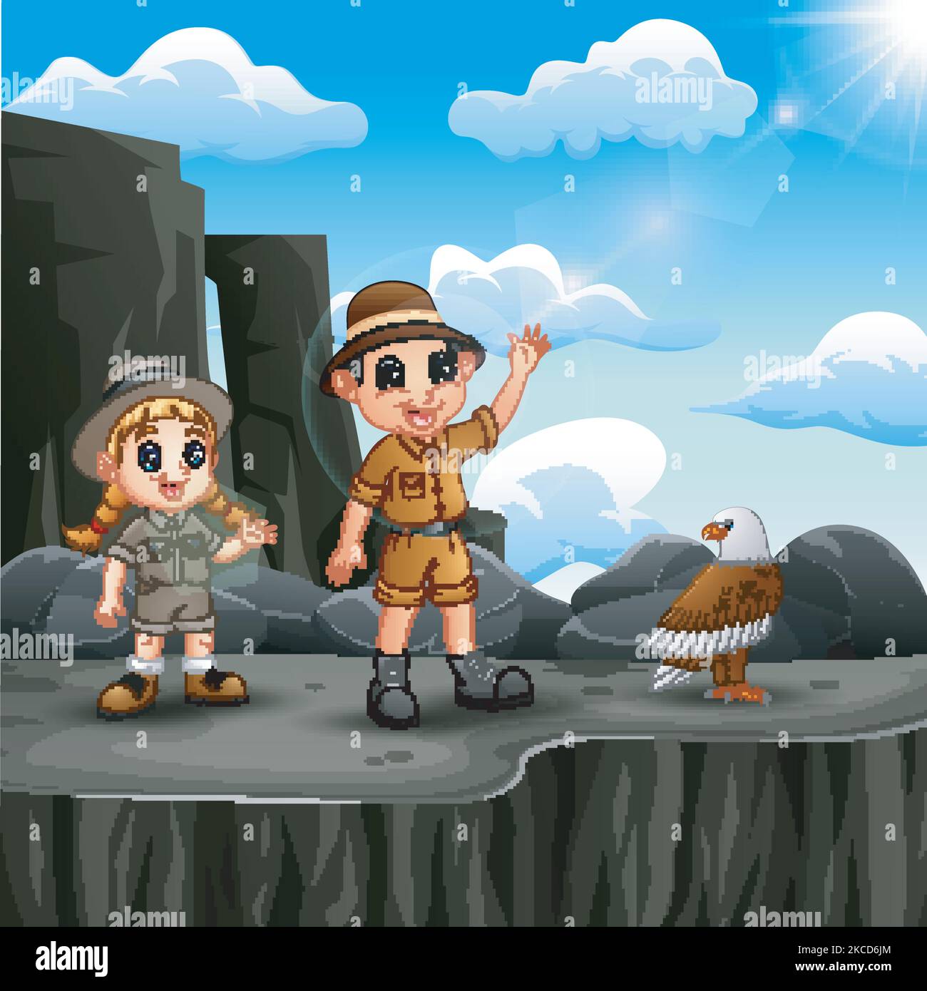 Two explorer kid on the cliff with a bird Stock Vector Image & Art - Alamy