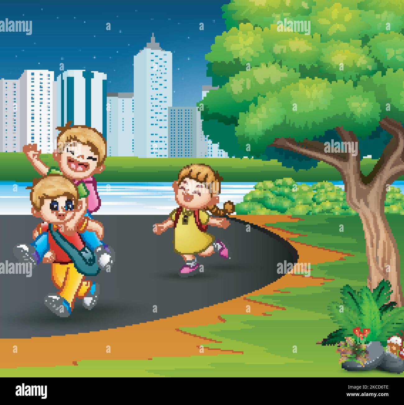 Happy school children are walking on the road Stock Vector Image & Art ...