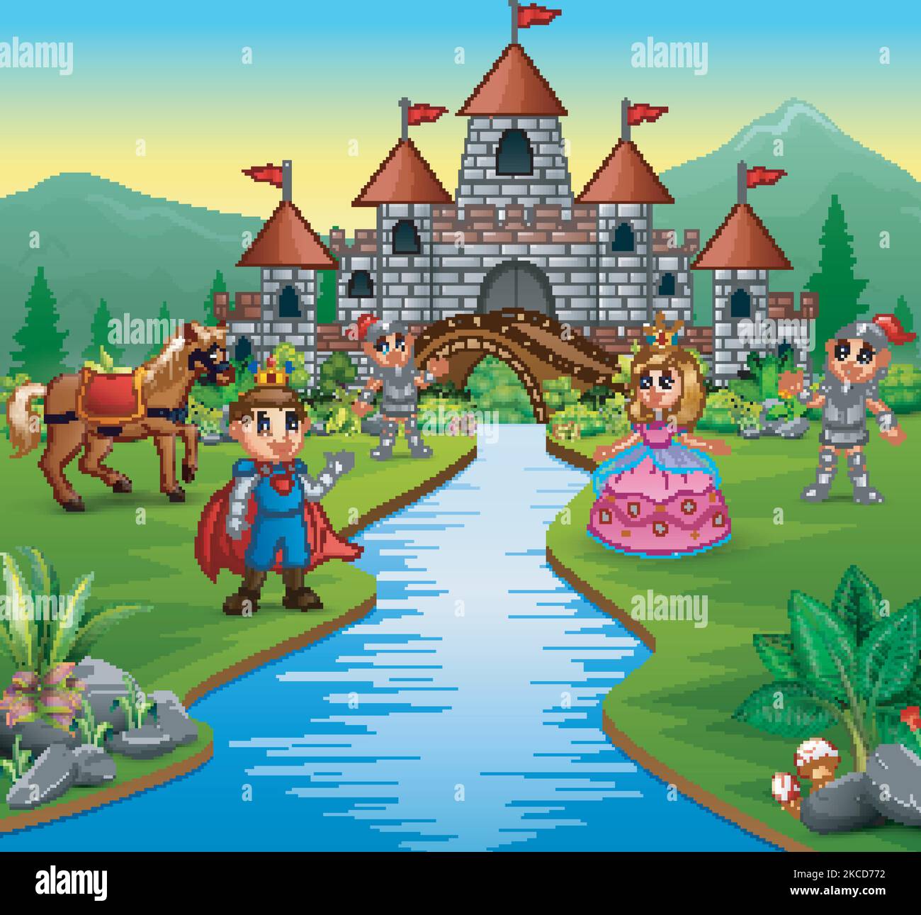 Knight with princess and prince in a castle landscape Stock Vector ...